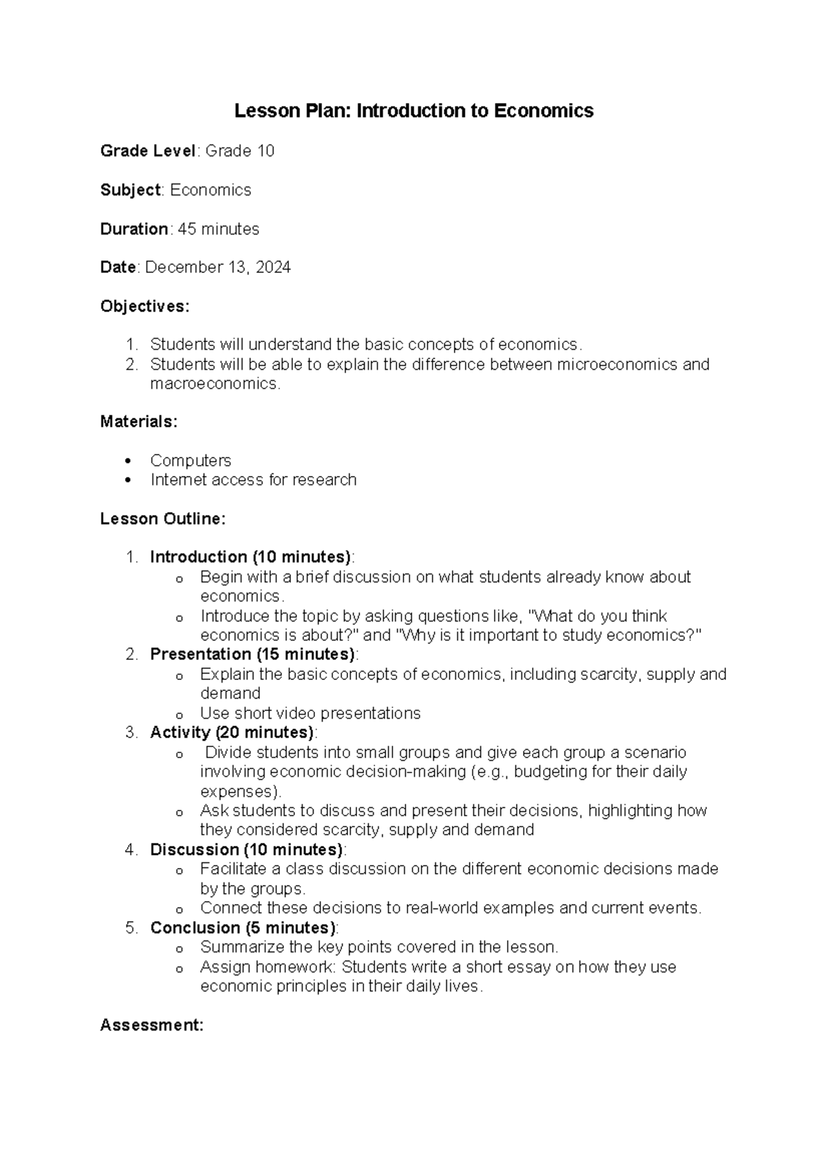 Lesson Plan - For reference only - Lesson Plan: Introduction to ...