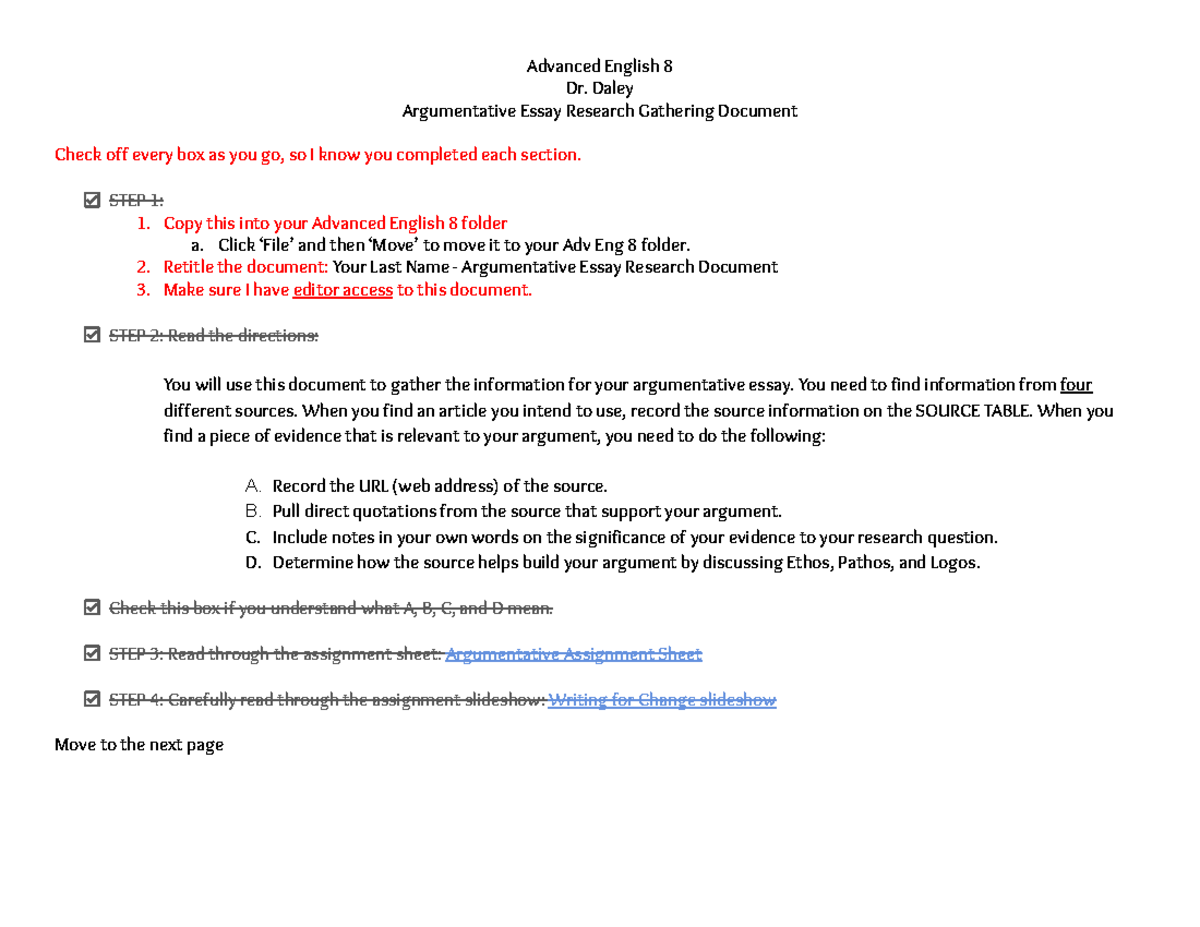 Advanced English 8 - Argumentative Essay Research Checklist - Studocu