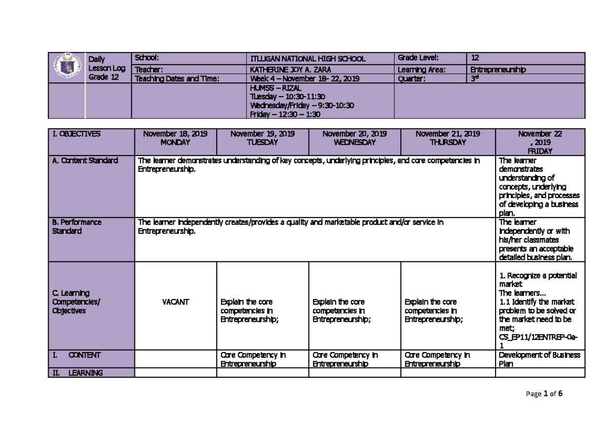 DLL Entrep Week 4 - Lesson Log for Grade 12 Students - Studocu