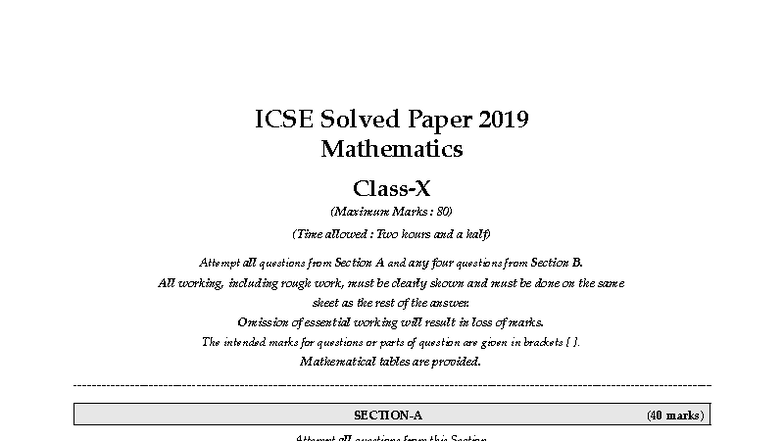ICSE Mathematics Solved Paper 2019 (Max Marks: 80) - Studocu