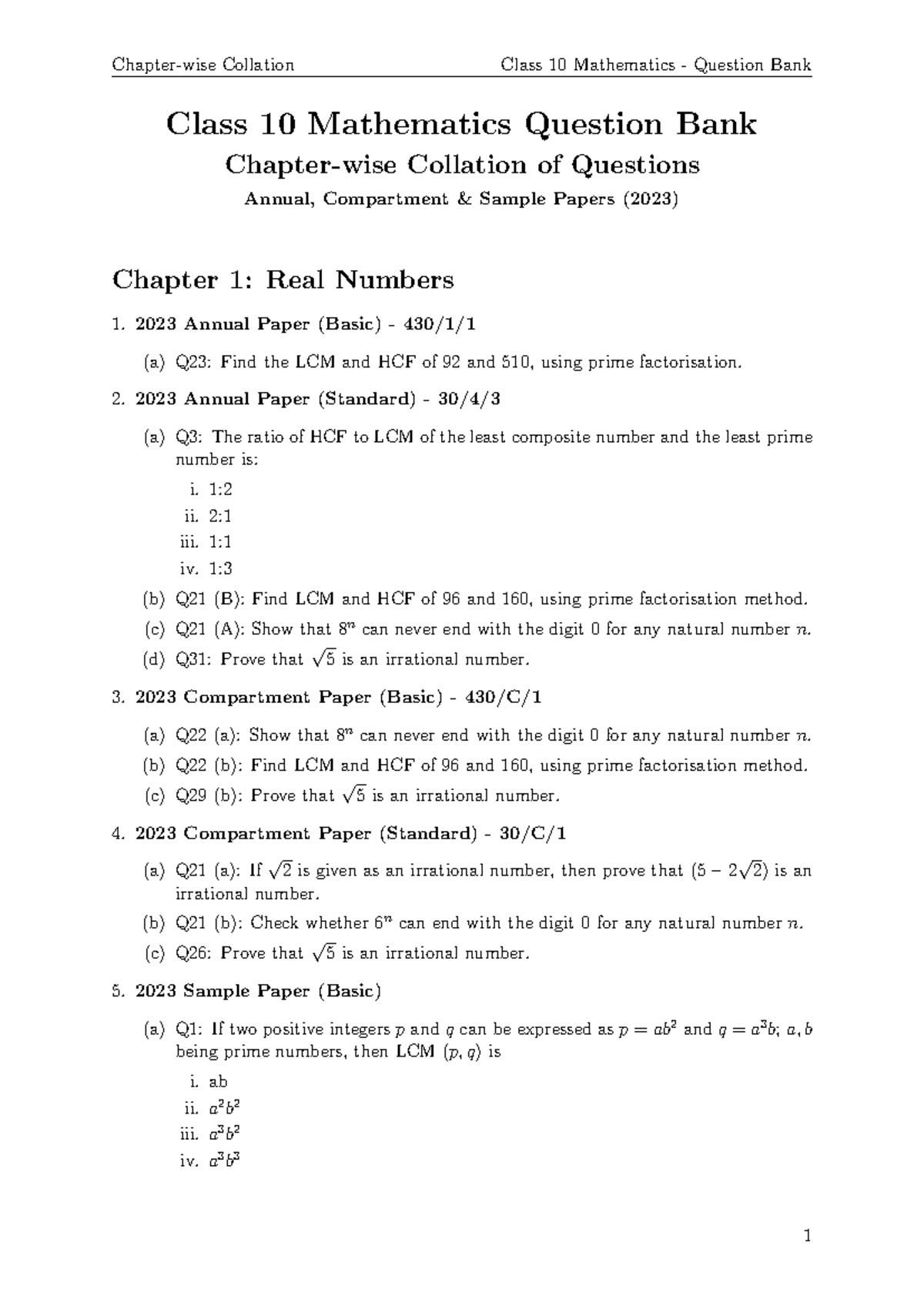 Class 10 Mathematics Question Bank (2023) - Collation of Sample Papers ...