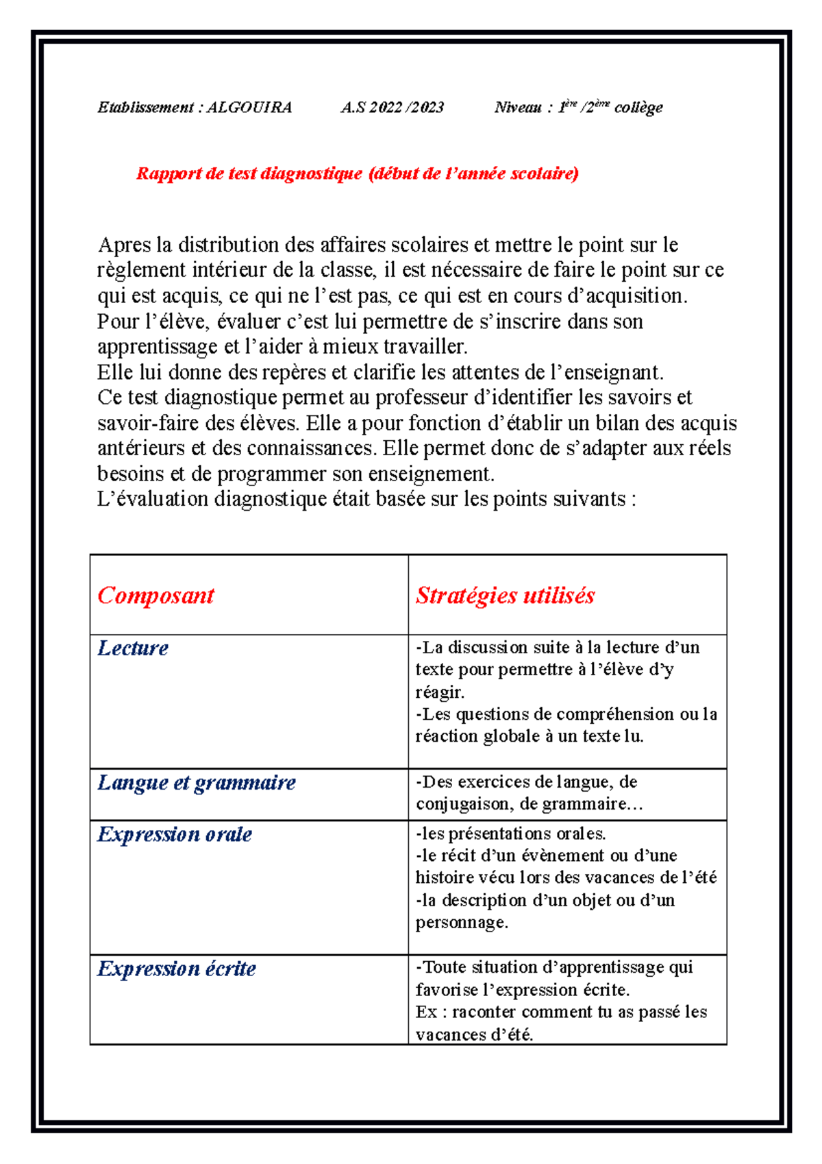 Rapport de Test Diagnostique pour 1ère et 2ème Collège - 2022/2023 ...