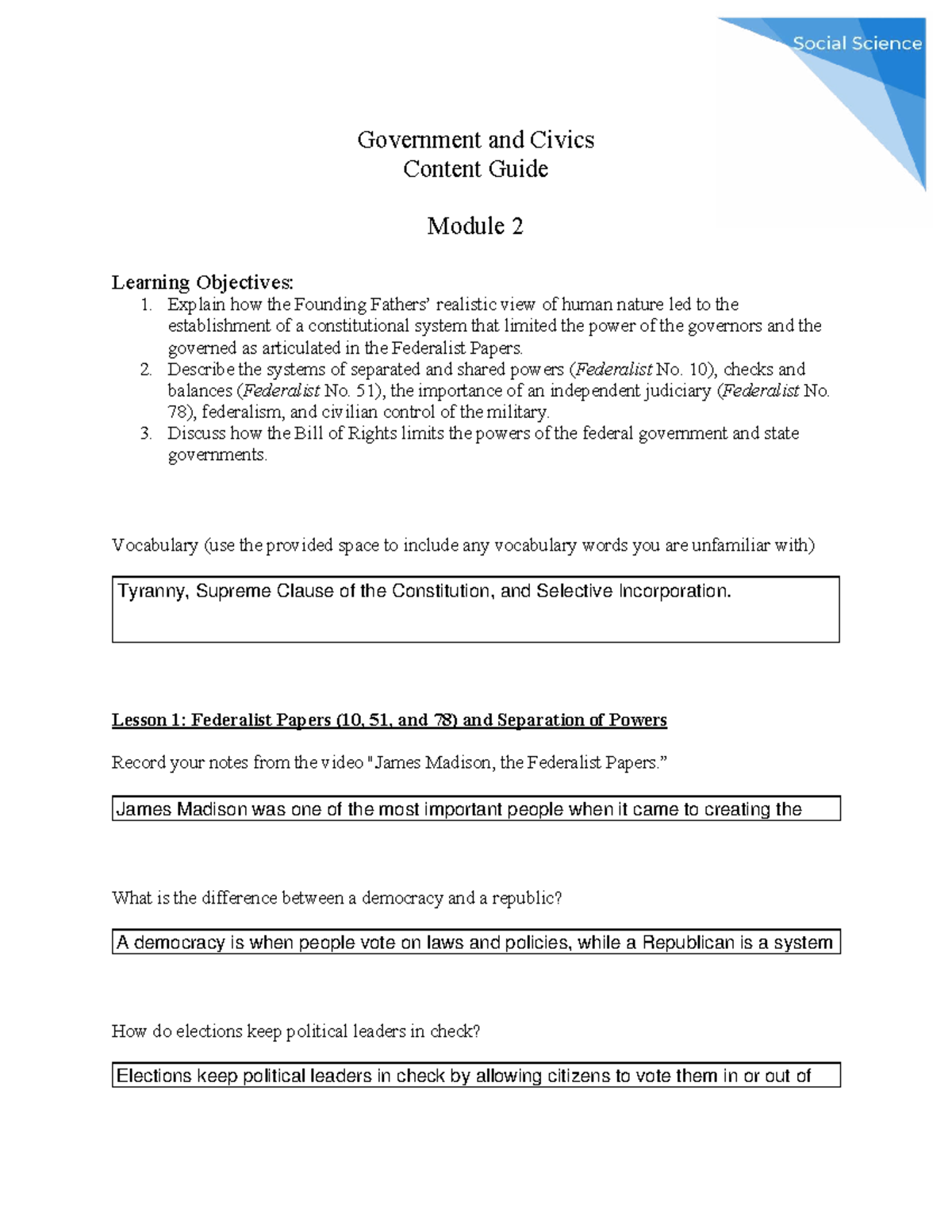 Module 2 - Government and Civics Assignment Answers on Founding ...