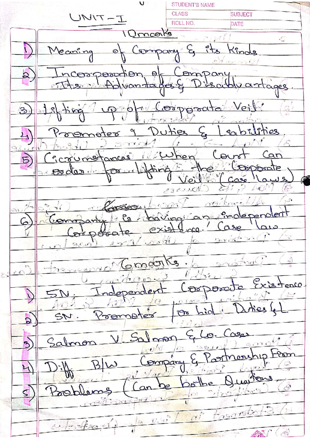 Company Law Imp. Questions - Unit I & IV (10 Marks Each) - Studocu