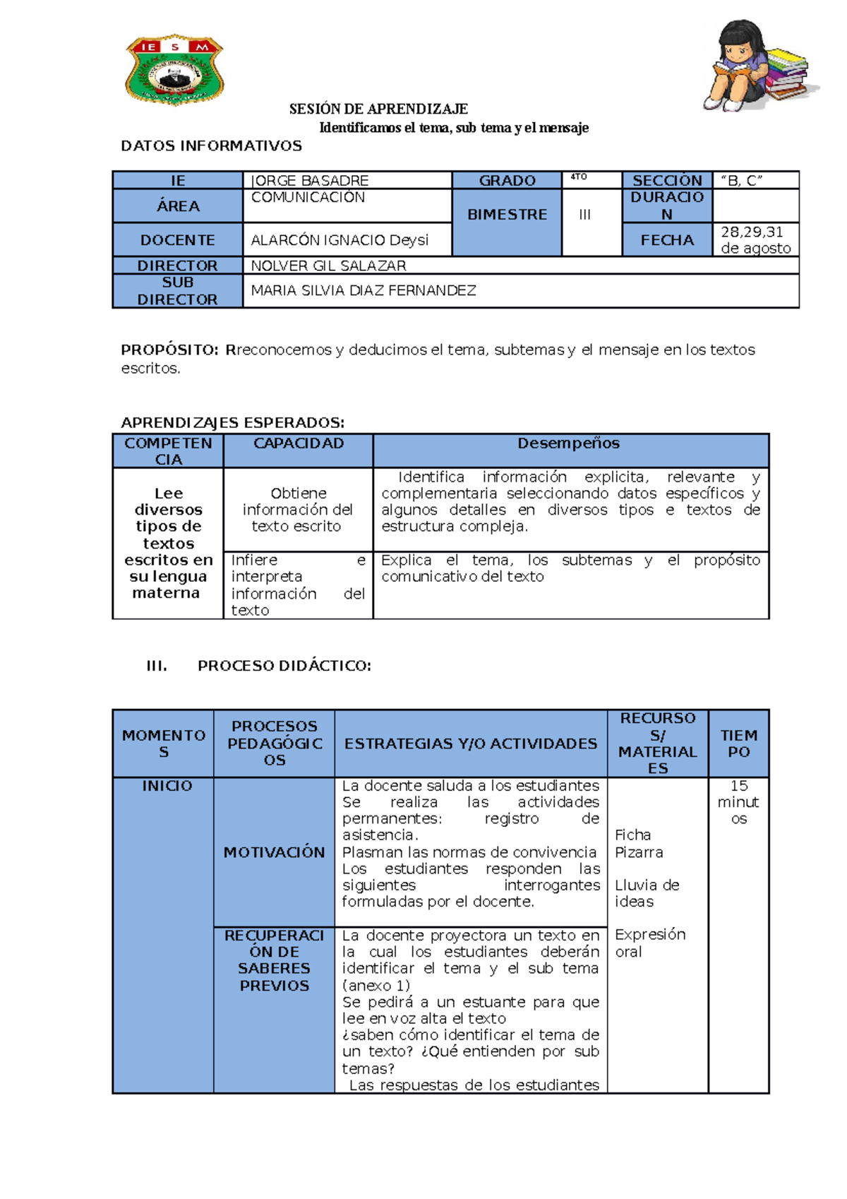 Sesion tema y sub tema - tema y sub tema - SESIÓN DE APRENDIZAJE ...
