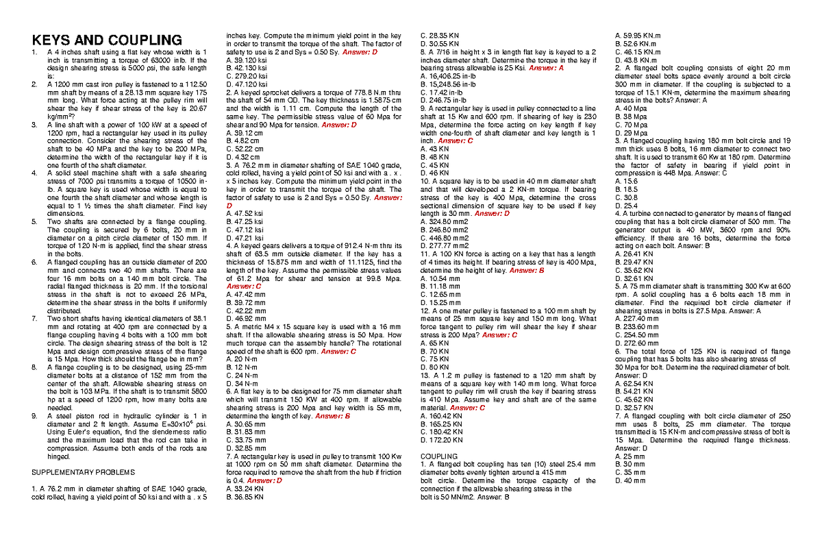 Mechanical Engineering MEE 202: Key and Coupling Calculations - Studocu