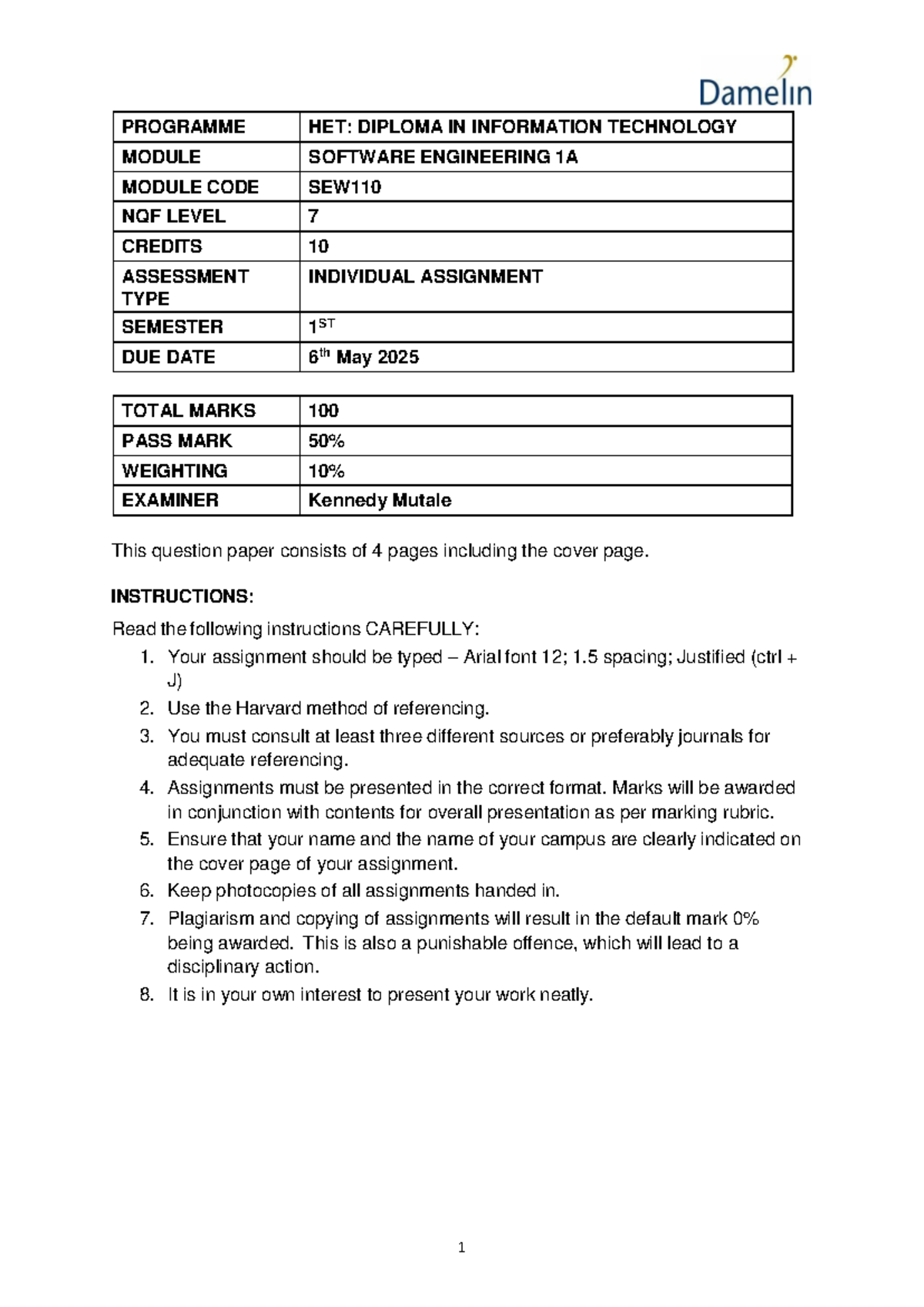 Software Engineering 1A Individual Assignment SEW110 - Semester 1 - Studocu