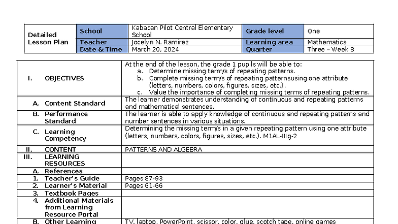 823260842 3rd CO Detailed Lesson Plan: Patterns in Grade 1 Math - Studocu