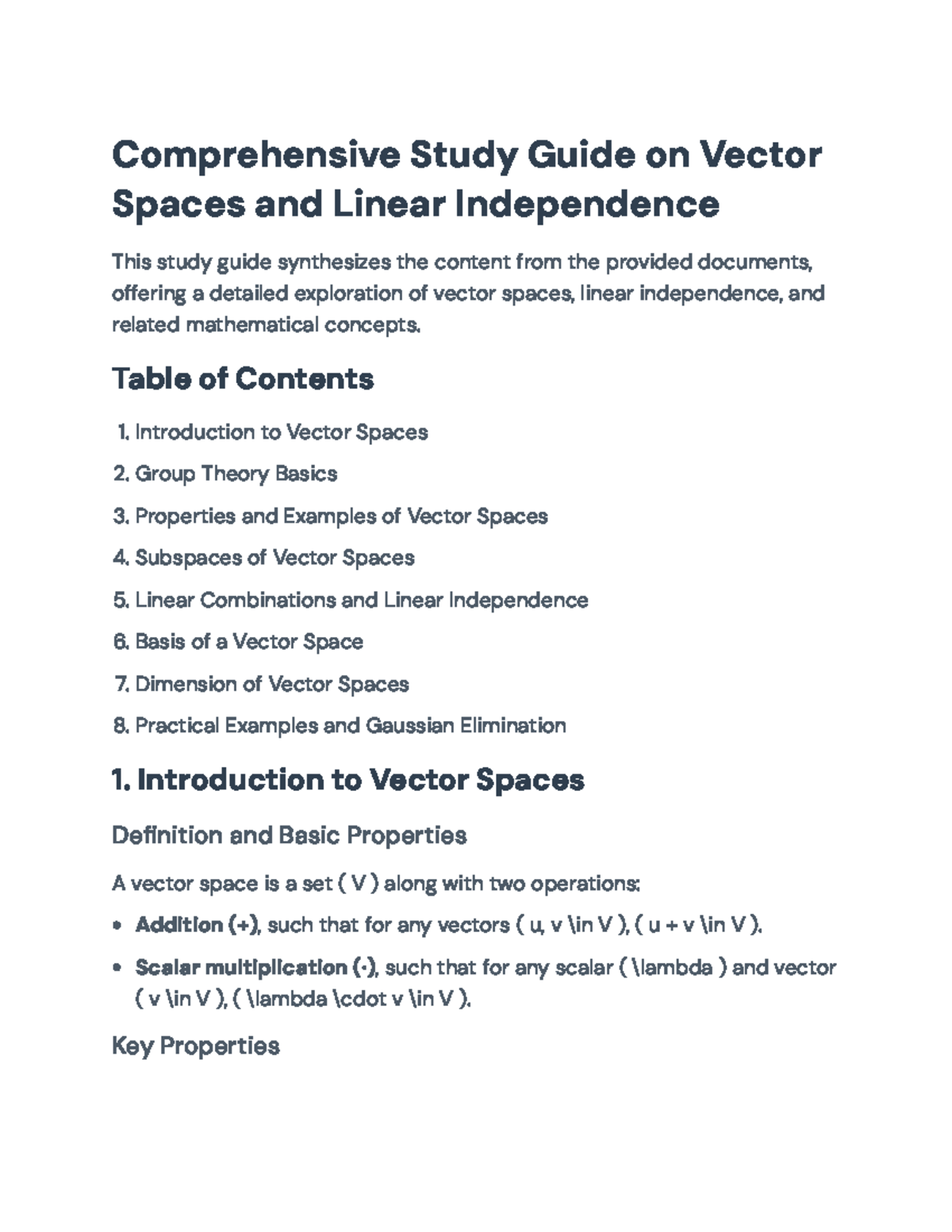 Comprehensive Study Guide on Vector Spaces and Linear Independence ...