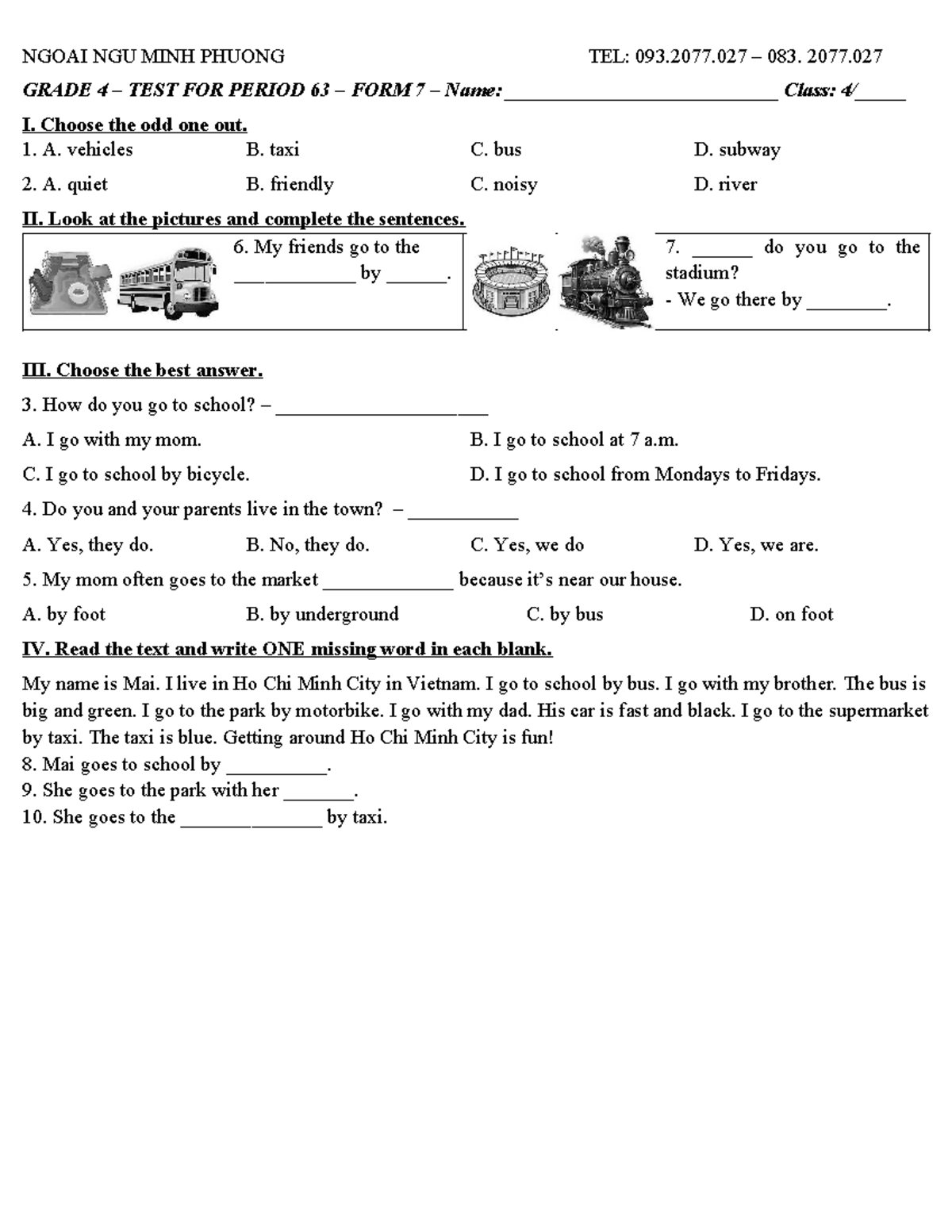 ĐỀ KHẢO K4 - GRADE 4 TEST FOR PERIOD 63 - FORM 7 - Studocu