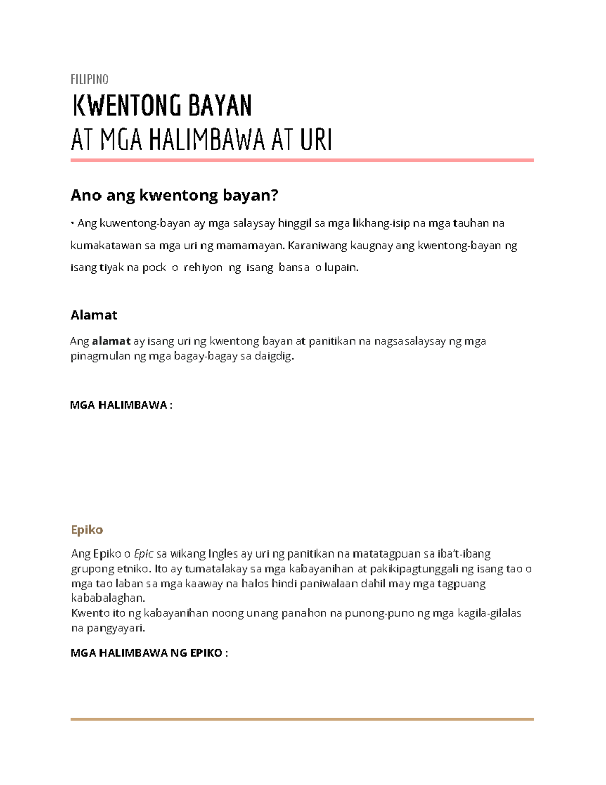 Kwentong Bayan: Uri at Halimbawa sa Panitikan ng Pilipinas - Studocu