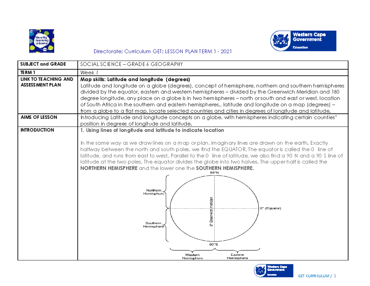 Lesson Plan IP Grade 6 SS Geography T1 W1: Latitude & Longitude ...