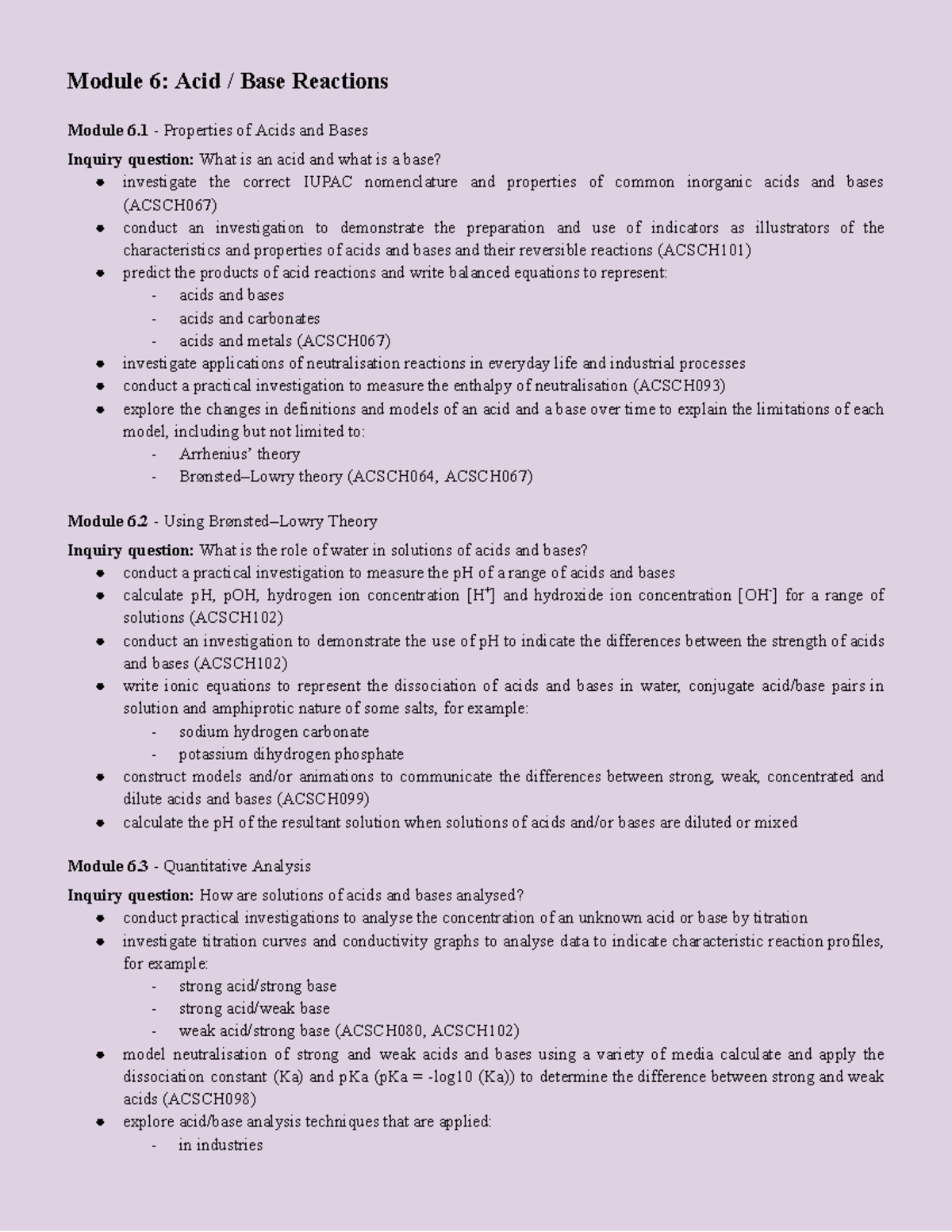 HSC Chemistry Module 6 Notes - Module 6: Acid / Base Reactions Module 6 ...