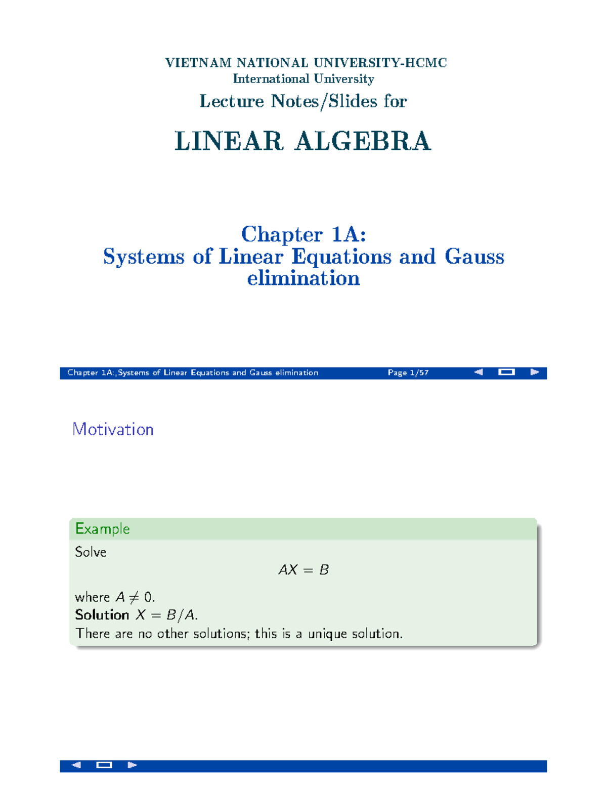 VIETNAM NATIONAL University Linear Algebra Lecture: Chapter 1A Notes on ...