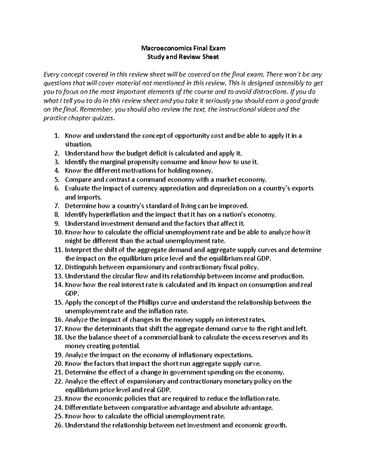 Macroeconomics FIN 101 Final Exam Study & Review Sheet - Studocu