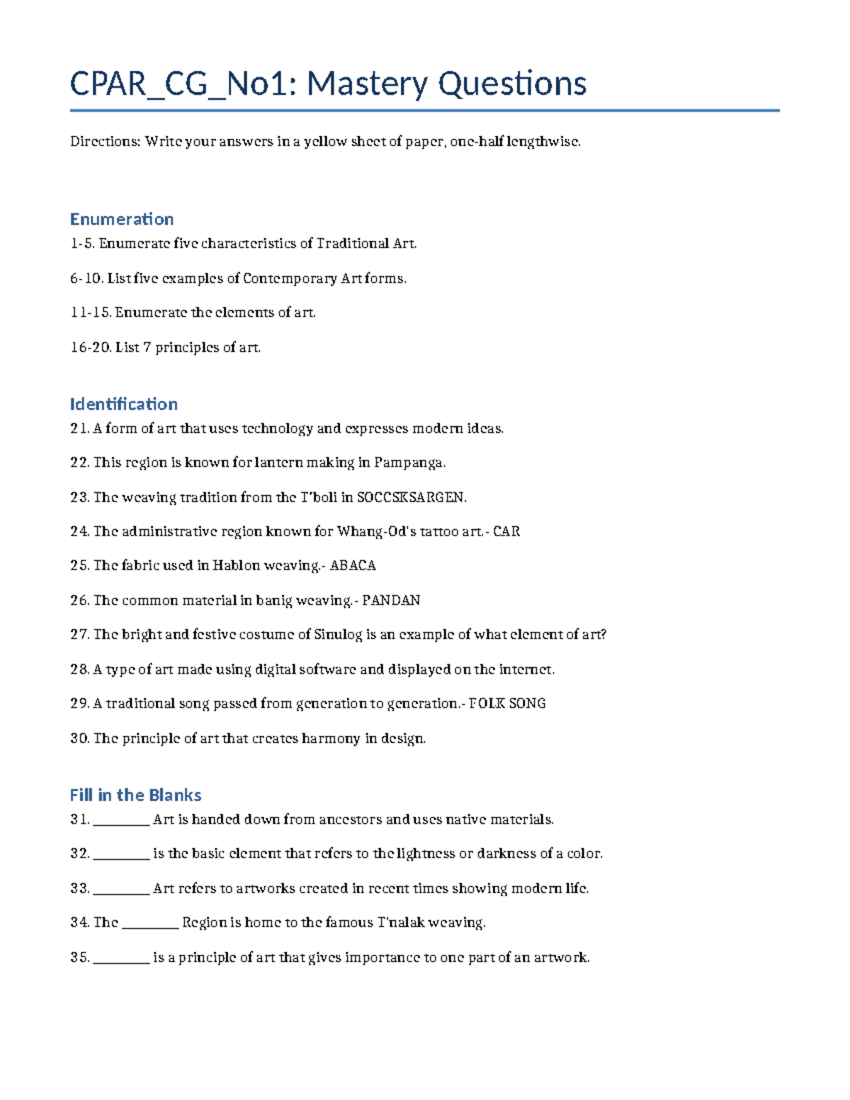 CPAR_CG_No1: Mastery Questions on Art Characteristics and Principles ...