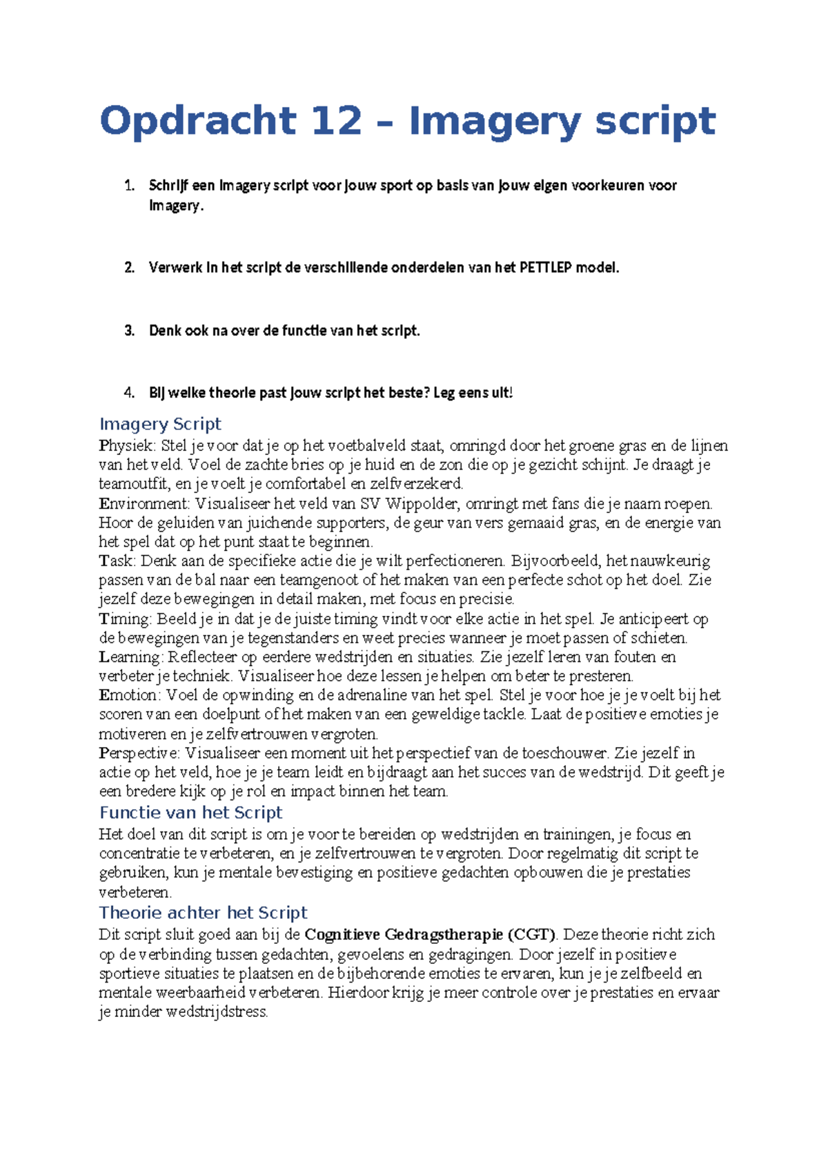 Opdracht 12 - Imagery Script volgens PETTLEP Model en CGT - Studeersnel