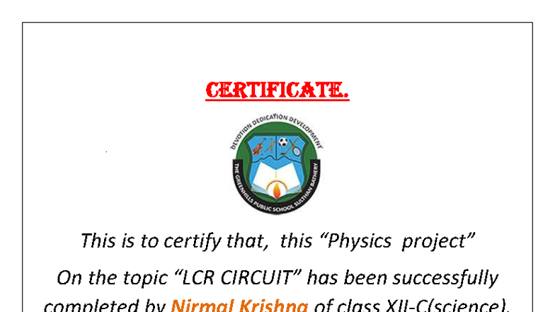 LCR Circuit Project Completion Certificate - CBSE - Studocu