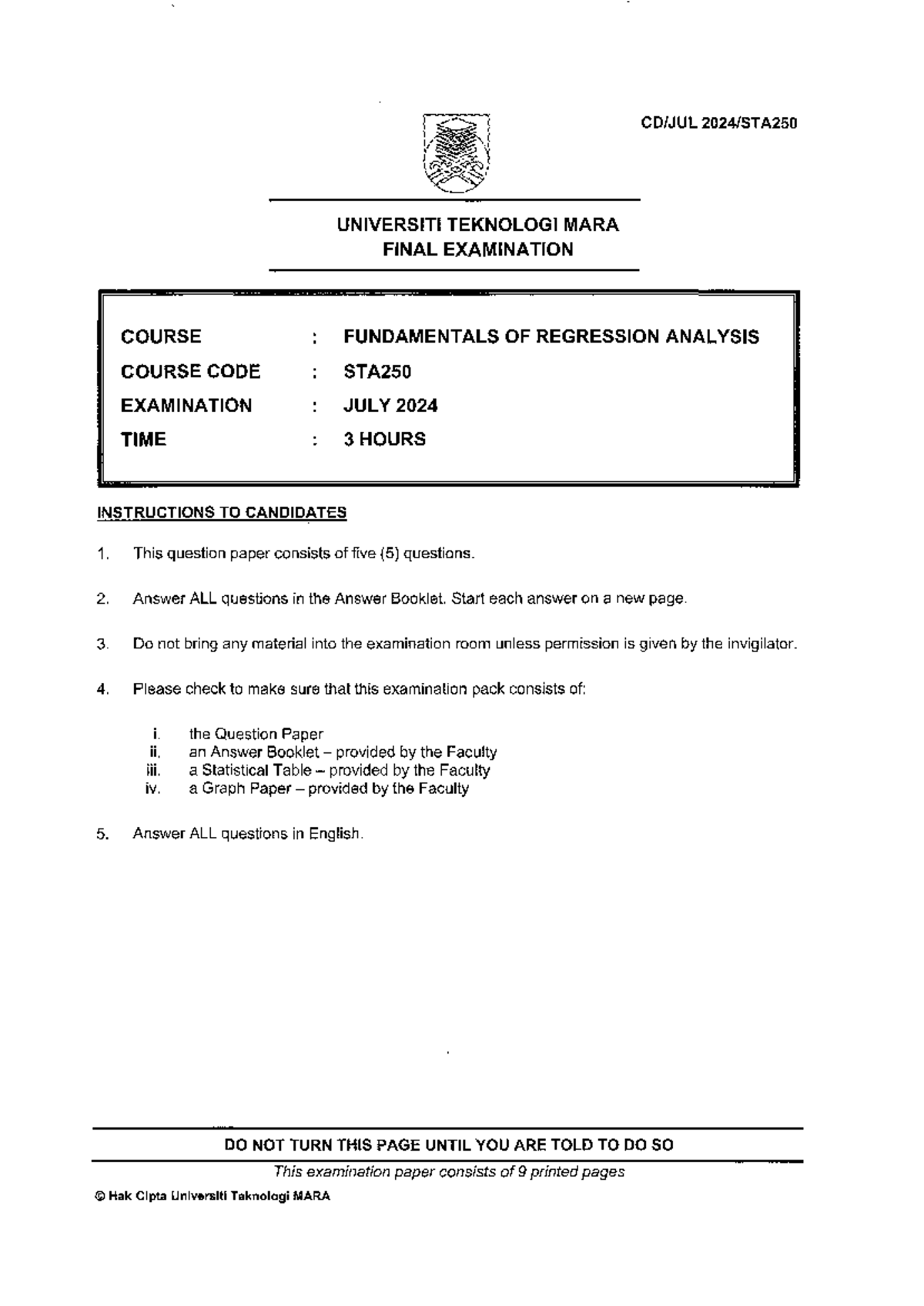 STA250 - Final Exam Paper on Fundamentals of Regression Analysis - Studocu