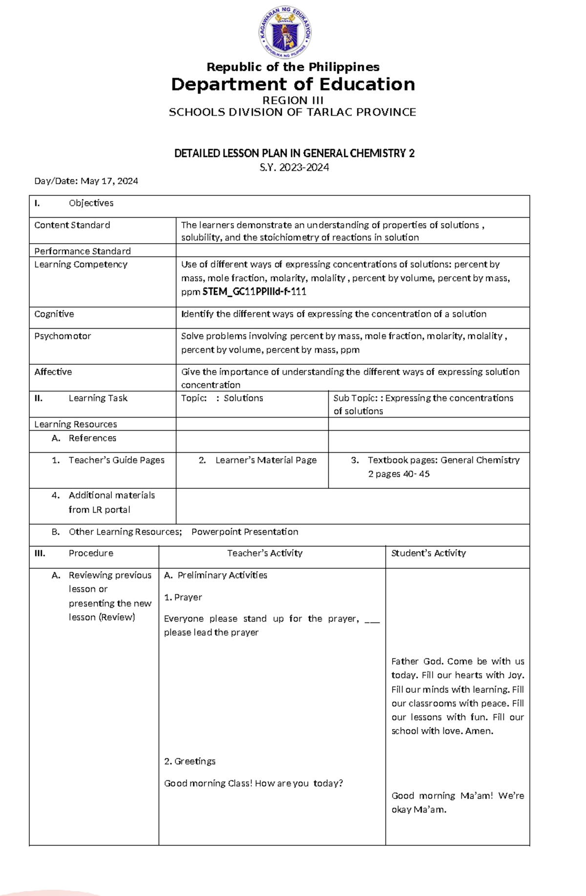 General Chemistry 2: Concentration of Solutions Lesson Plan - Studocu