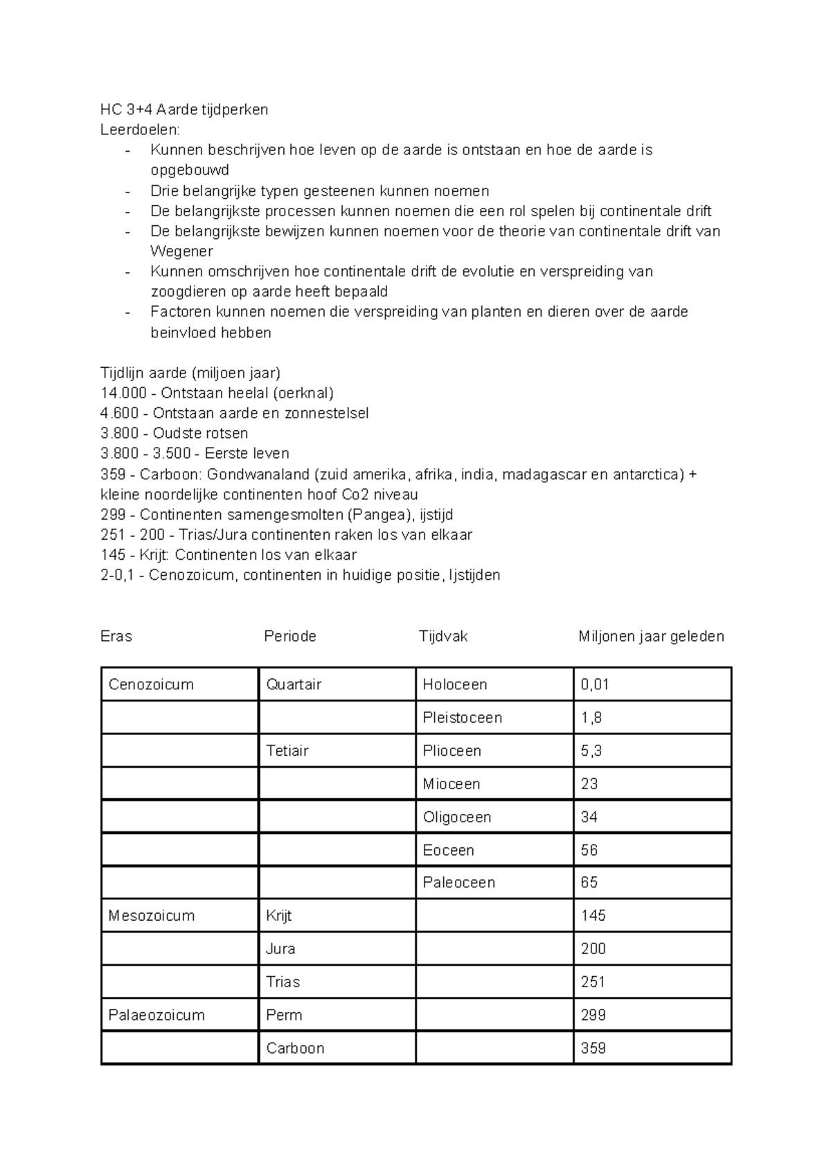 Humane Evolutie: HC 3+4 Leerdoelen en Tijdlijn van de Aarde - Studeersnel