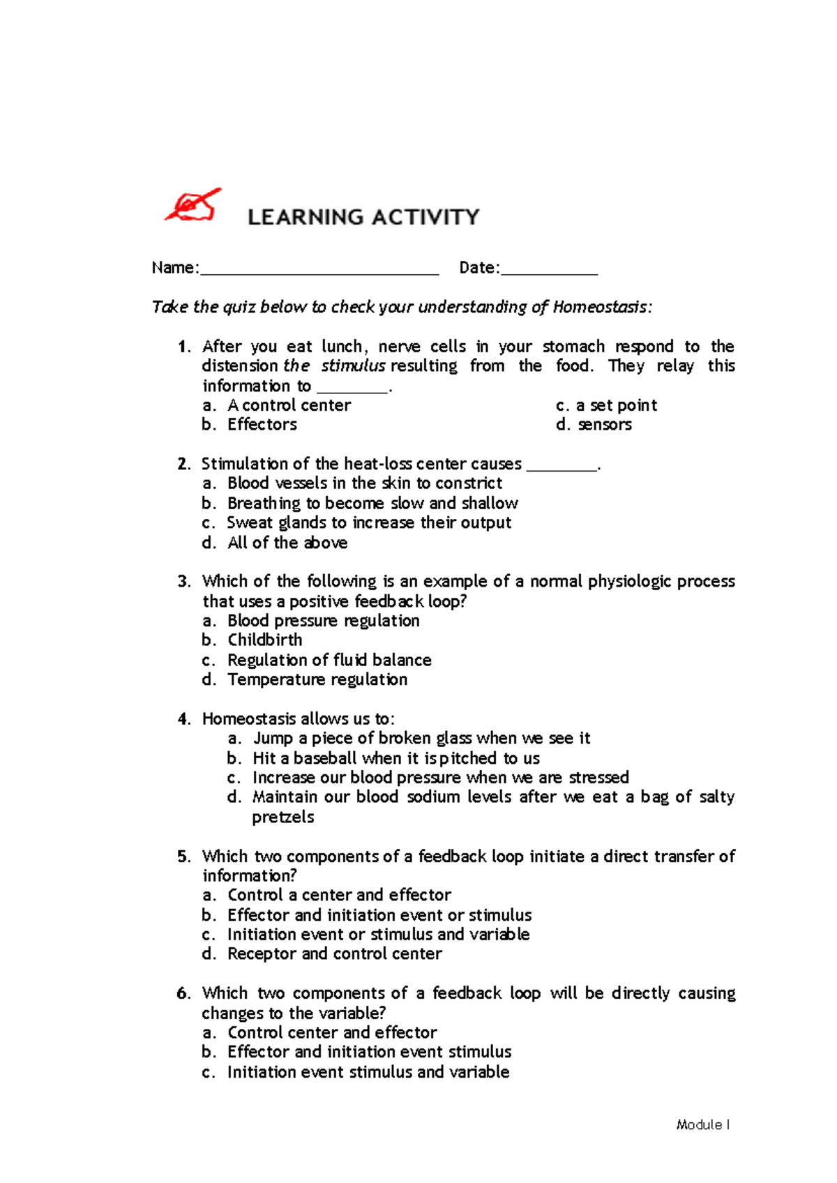 Module I Lesson 2 Activity: Homeostasis Quiz and Feedback Loops - Studocu
