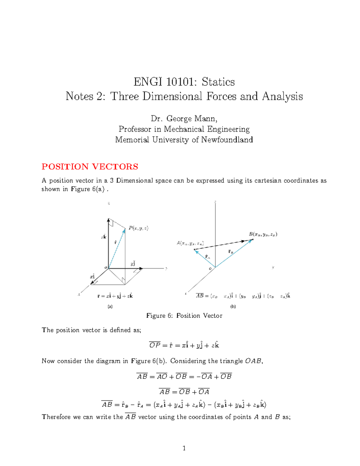 ENGI 10101: Statics Notes 5 - Position Vectors & Force Components ...