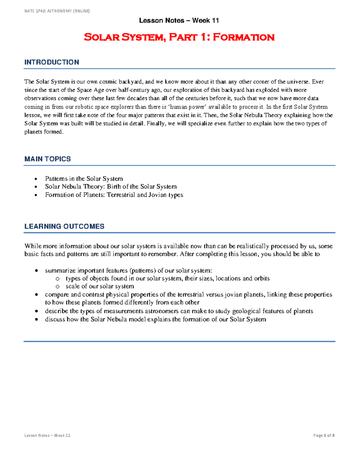 Lesson Notes - Week 11 - Solar System Formation & Patterns - Studocu
