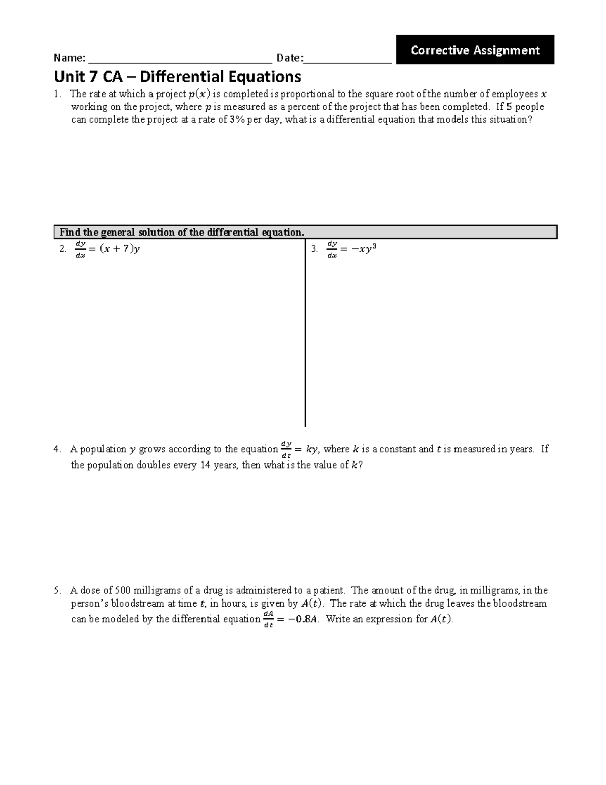 Unit 7 Calculus CA - Differential Equations Corrective Assignment - Studocu