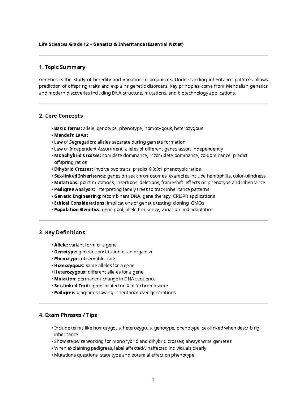 Life Sciences Grade 12 Genetics Inheritance Study Notes - Studocu
