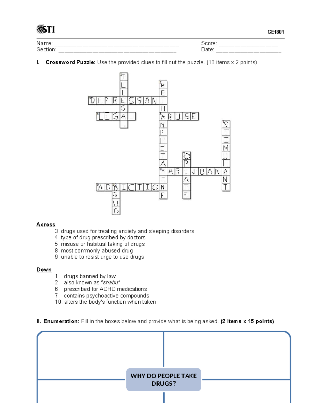 GE1801 Crossword Puzzle & Worksheet: Understanding Drug Use - Studocu