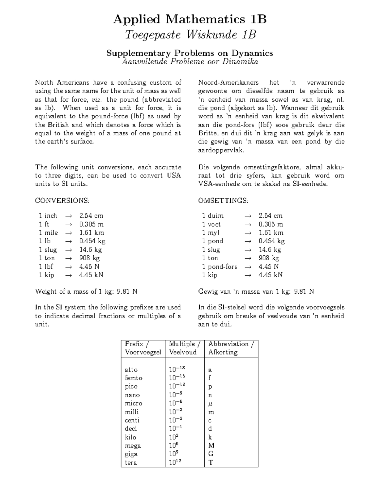 Applied Mathematics 1B: Supplementary Problems on Dynamics - Studocu
