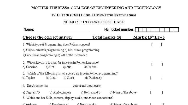 IOT IV B.Tech (CSE) I Sem II Mid Exam Question Paper - Studocu