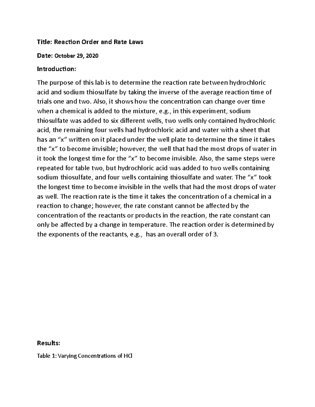 Reaction Order & Rate Laws - Lab Report Outline for CHEM 101 - Studocu