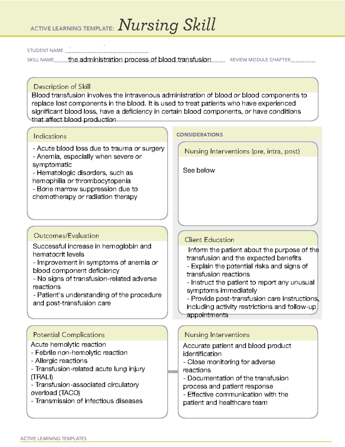 Blood Transfusion Active Learning Templates - ATI Nursing Skills - Studocu