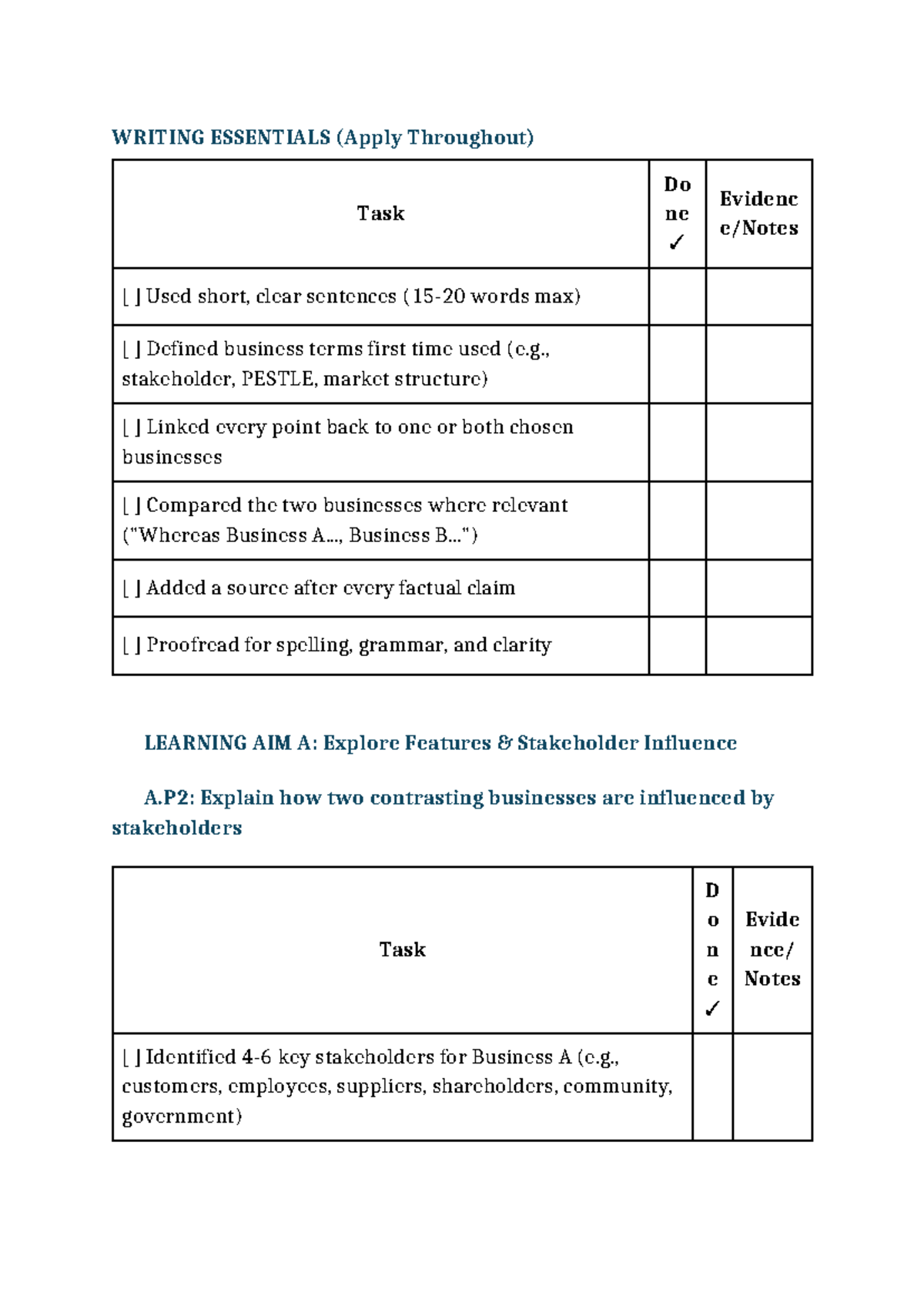 P2 Checklist: Stakeholder Influence in Contrasting Businesses - Studocu
