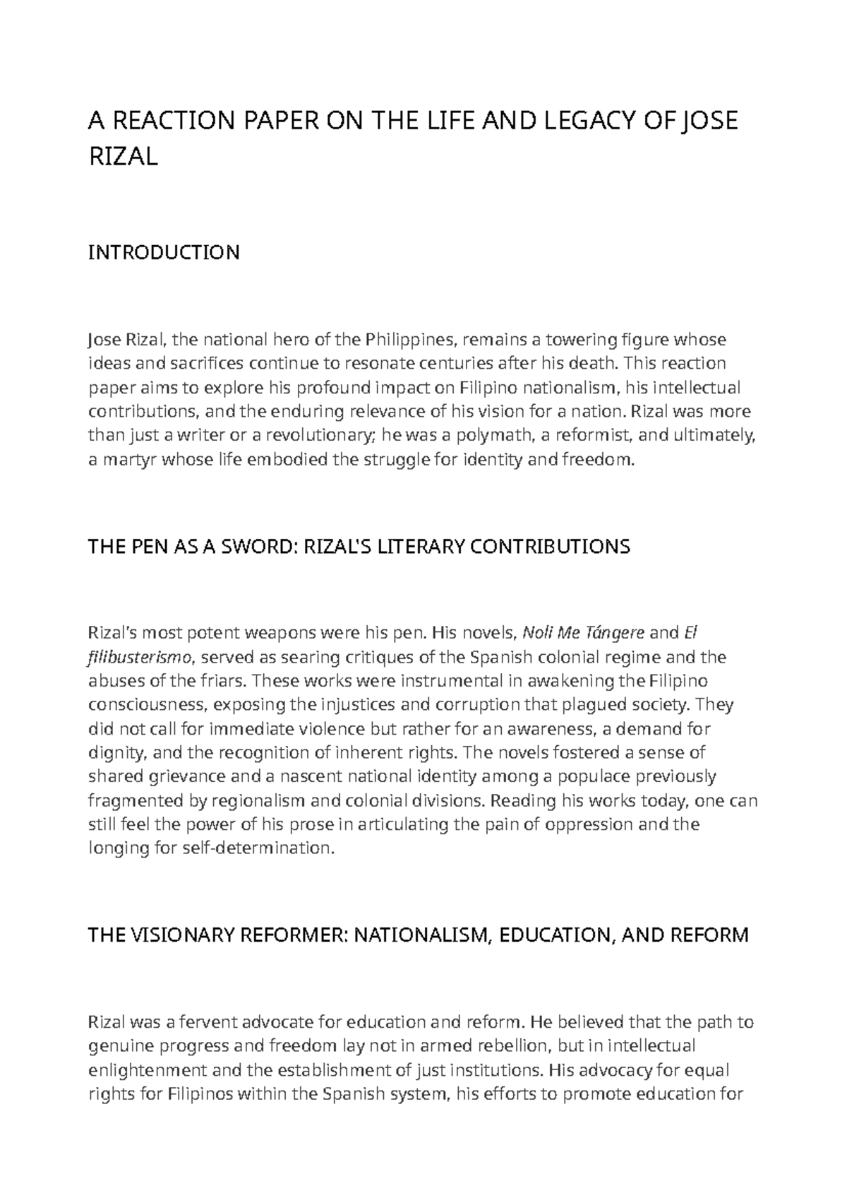Reaction Paper on the Life & Legacy of Jose Rizal - Studocu