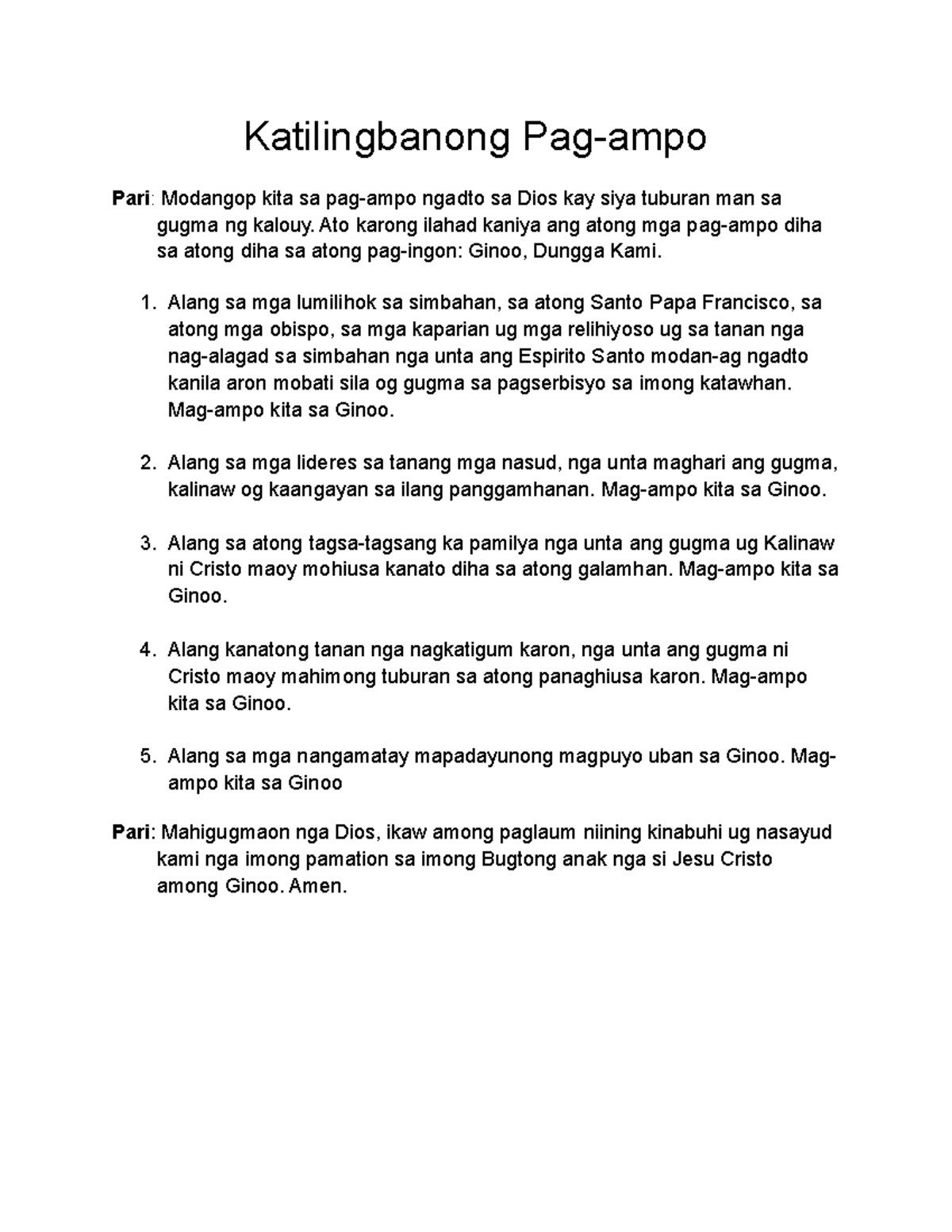 Katilingbanong Pag-ampo: Mga Panalangin Para sa Tanan - Studocu