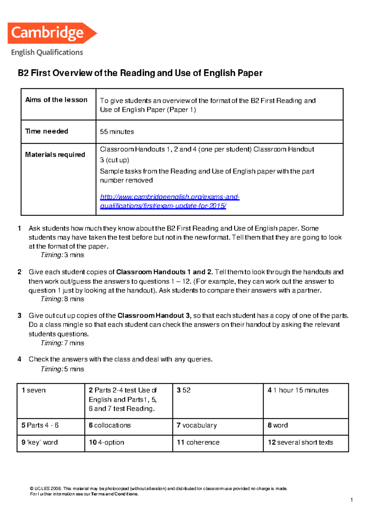 167889 cambridge english b2 first reading overview - © UCLES 2008. This material may be ...