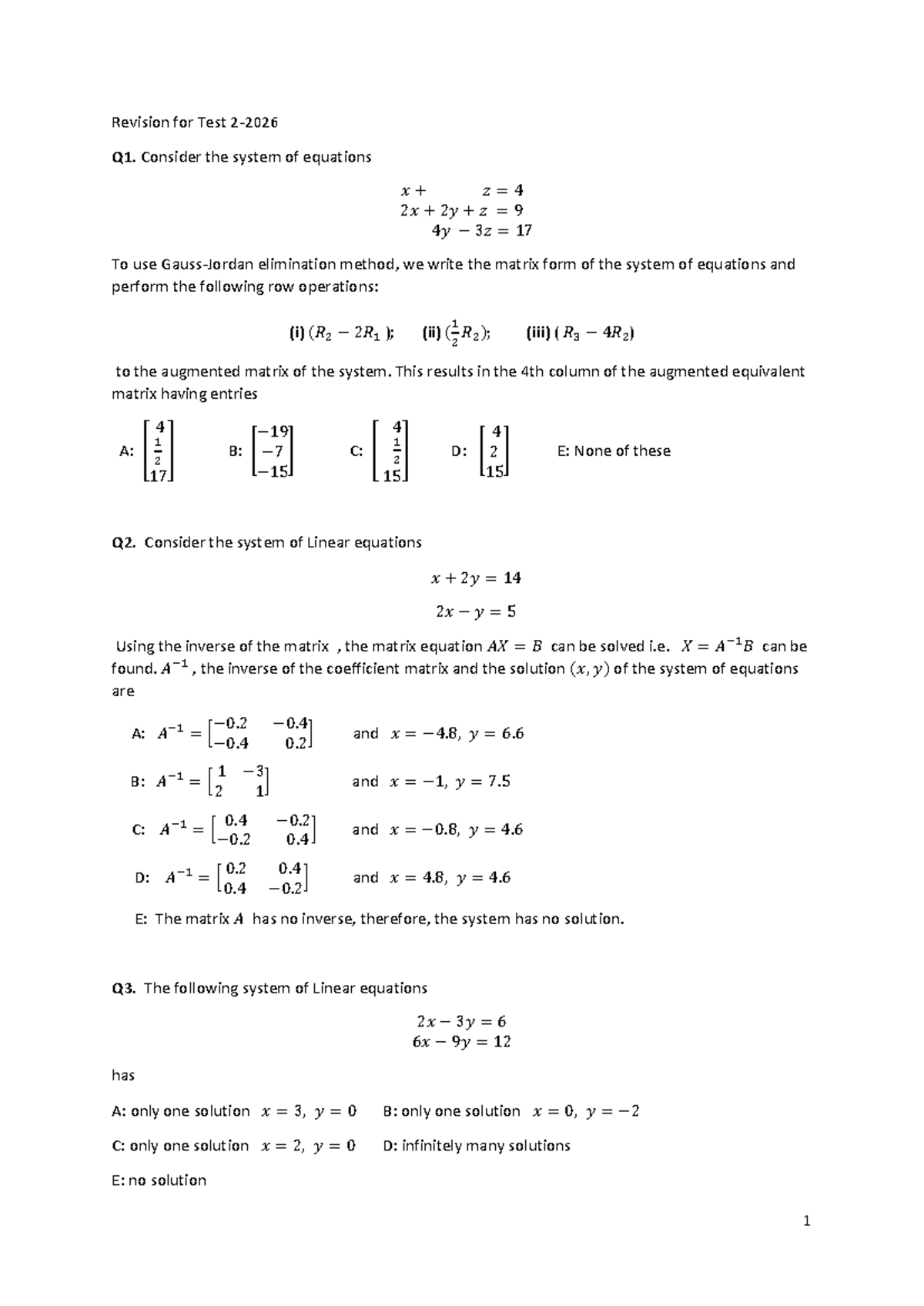 Revision for Test 2 - 2026: Systems of Equations and Functions - Studocu