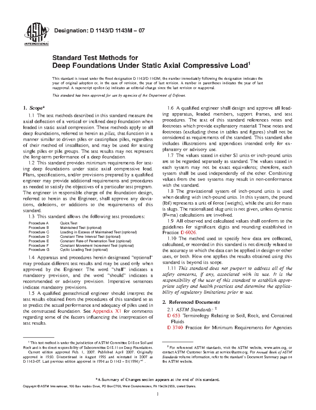 ASTM D1143/D1143M-07: Static Axial Load Testing of Deep Foundations ...