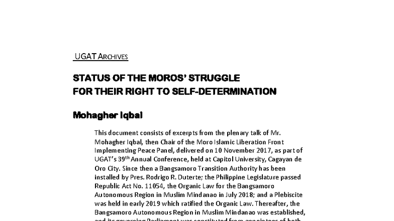 UGAT ARCHIVES: Status of the Moro Struggle for Self-Determination - Studocu