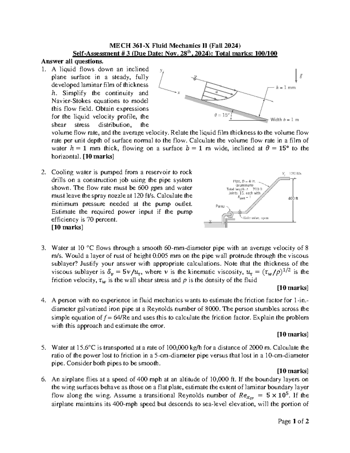 MECH Fluid Mechanics II (Fall 2024) - Self-Assessment Practice - Studocu