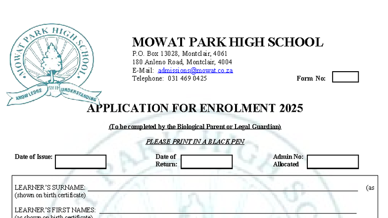 Application Form for Enrolment 2025 at Mowat Park High School - Studocu
