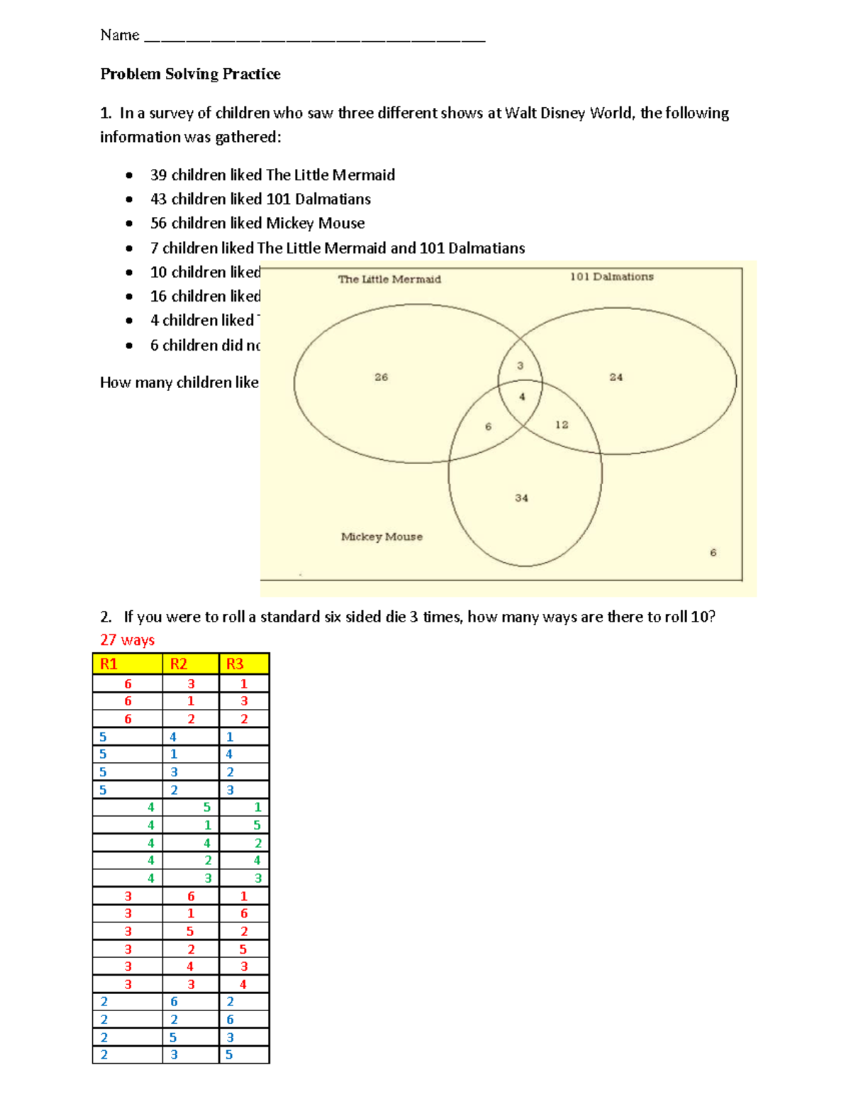Problem solving practice Answer Key enlarged Venn - Name