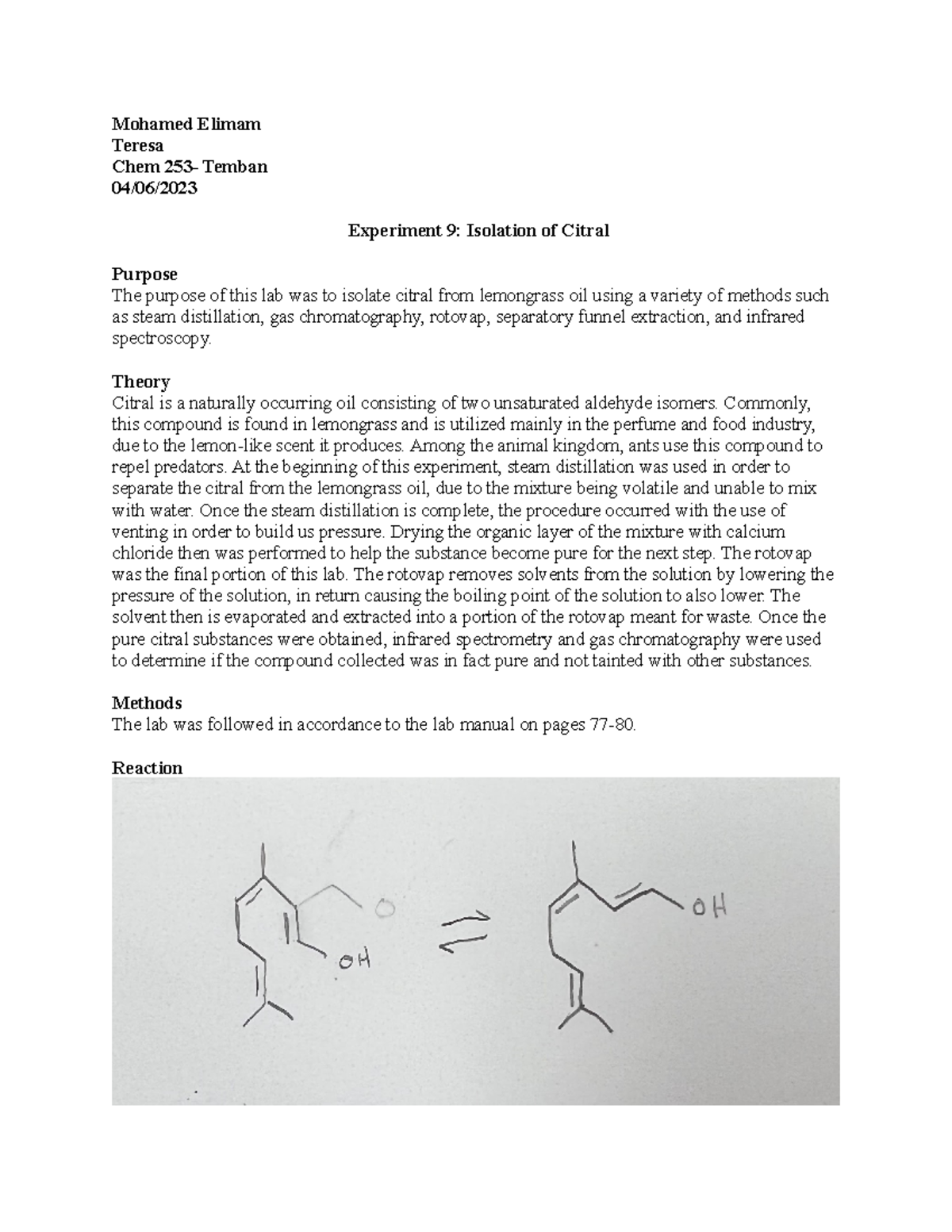 Chem 253: Lab Report on Isolation of Citral from Lemongrass Oil - Studocu