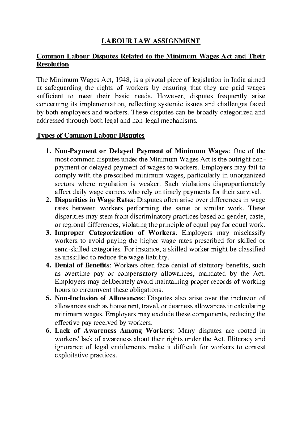 LABOUR LAW ASSIGNMENT: Common Disputes Under Minimum Wages Act - Studocu