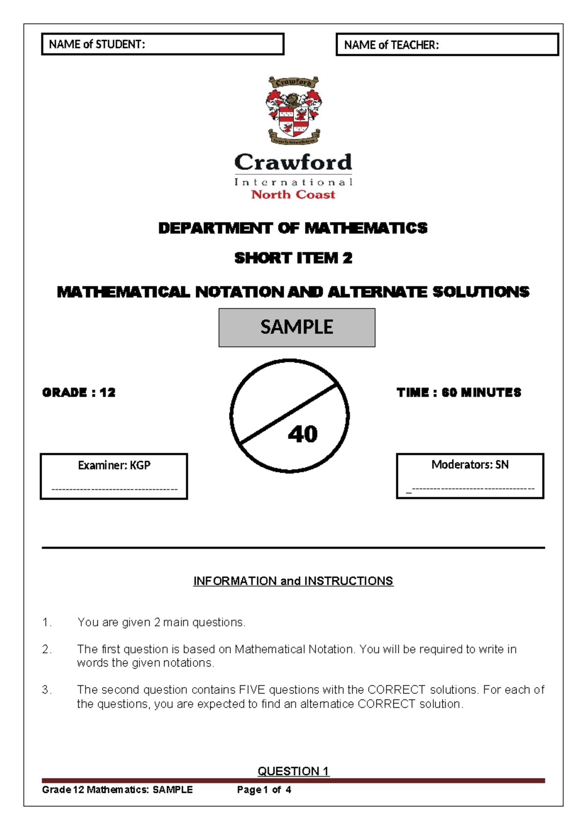 Gr12 Math Short Item 2: Notation & Alt. Solutions Guide - Studocu