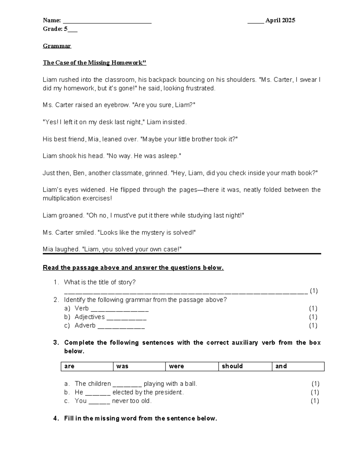 Gr 5 Grammar: The Case of the Missing Homework - Exam Prep - Studocu