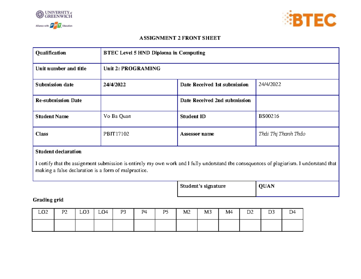 PROGRAMING asm1 - ASSIGNMENT 2 FRONT SHEET Qualification BTEC Level 5 HND Diploma in Computing ...